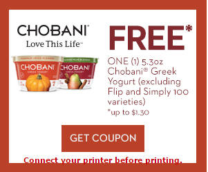 FREE 5.3 oz Chobani Yogurt (Coupon) - I Crave Freebies